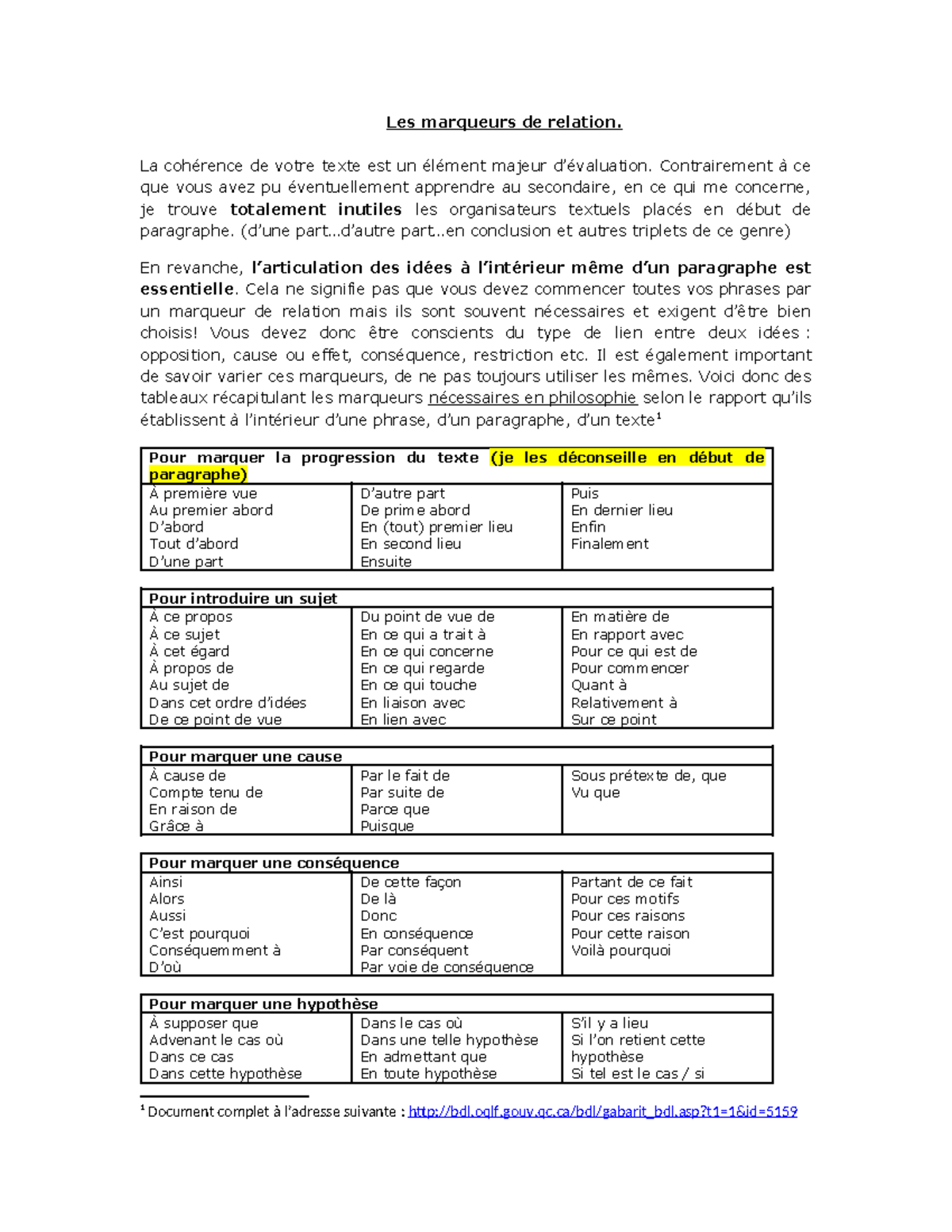 Les Marqueurs De Relation La Cohérence De Votre Texte Est Un élément