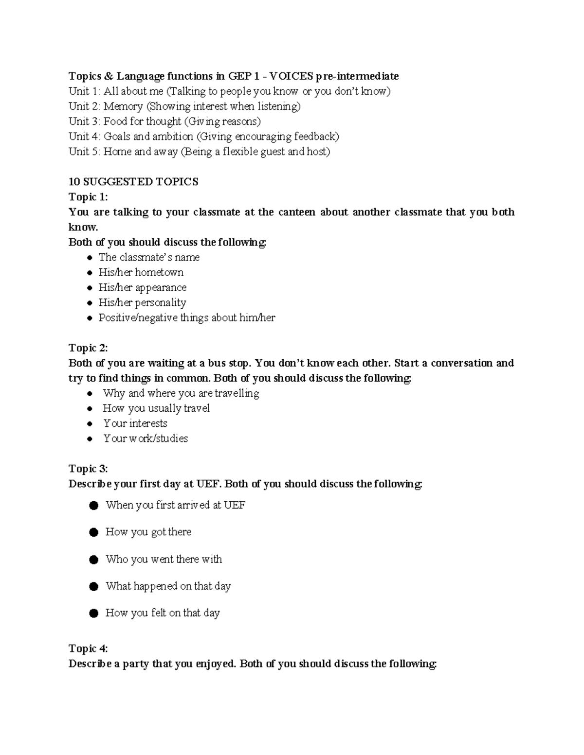 Speaking Test Topics 8 - Topics & Language functions in GEP 1 - VOICES ...