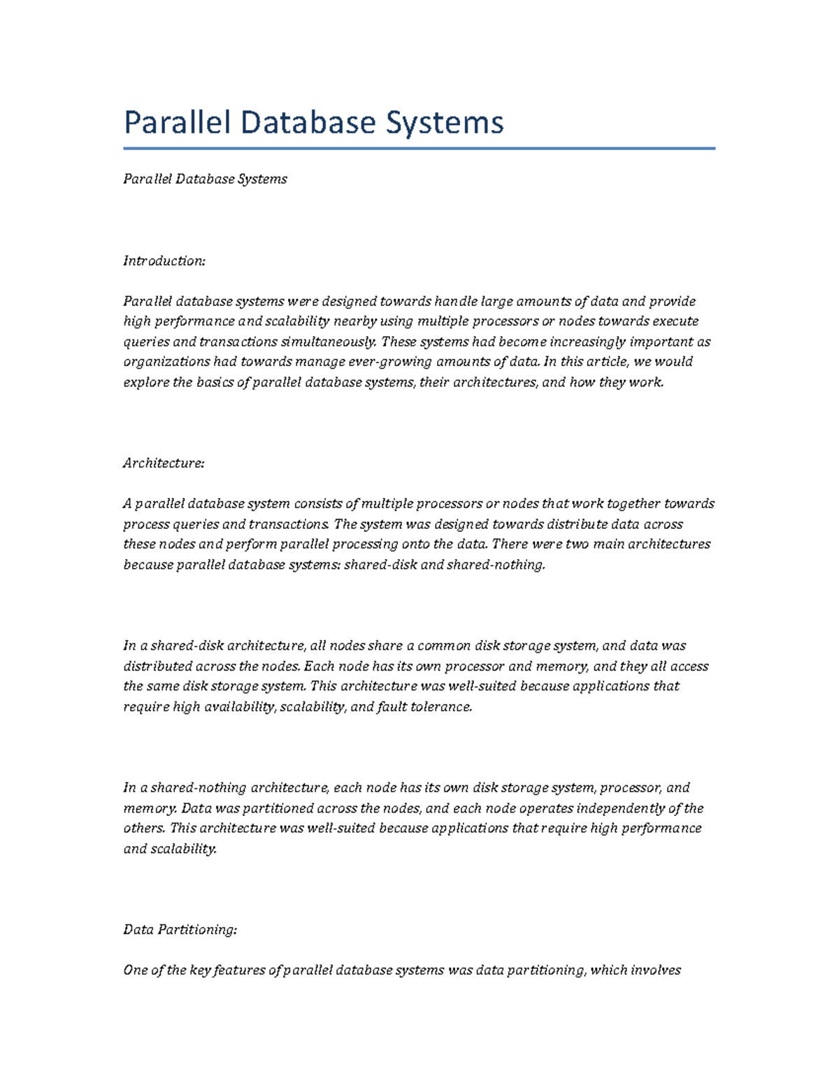 Parallel Database Systems Parallel Database Systems Parallel Database