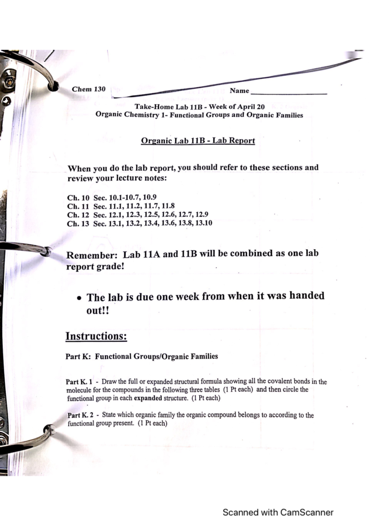 Chem 130 Ch 13 Lab 11B - Chem 13 Ch 13 Lab 11B - Chem 130 Name Lab 11B Week of April 20 Organic ...