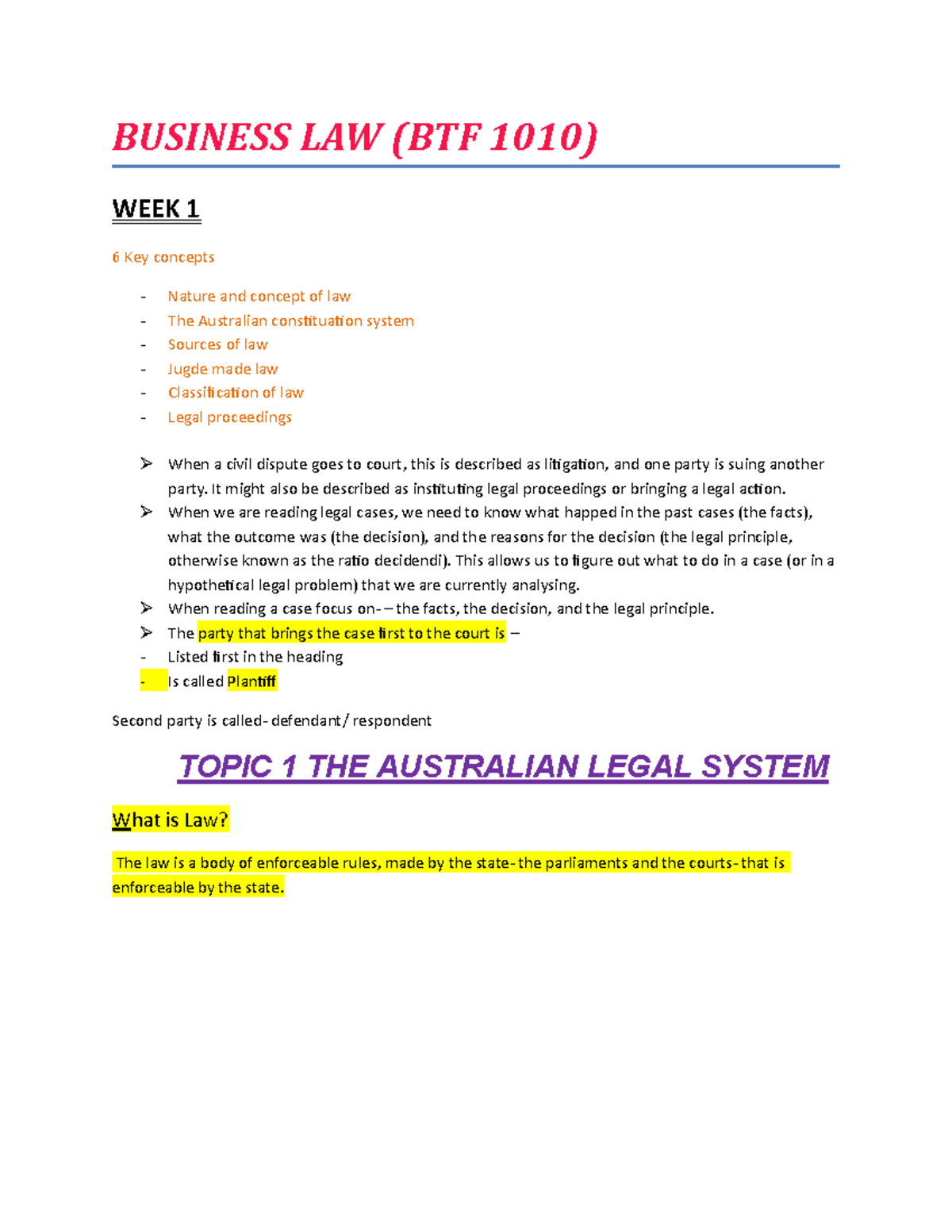 Business LAW Notes for semester 2 first year - BUSINESS LAW (BTF 1010 ...