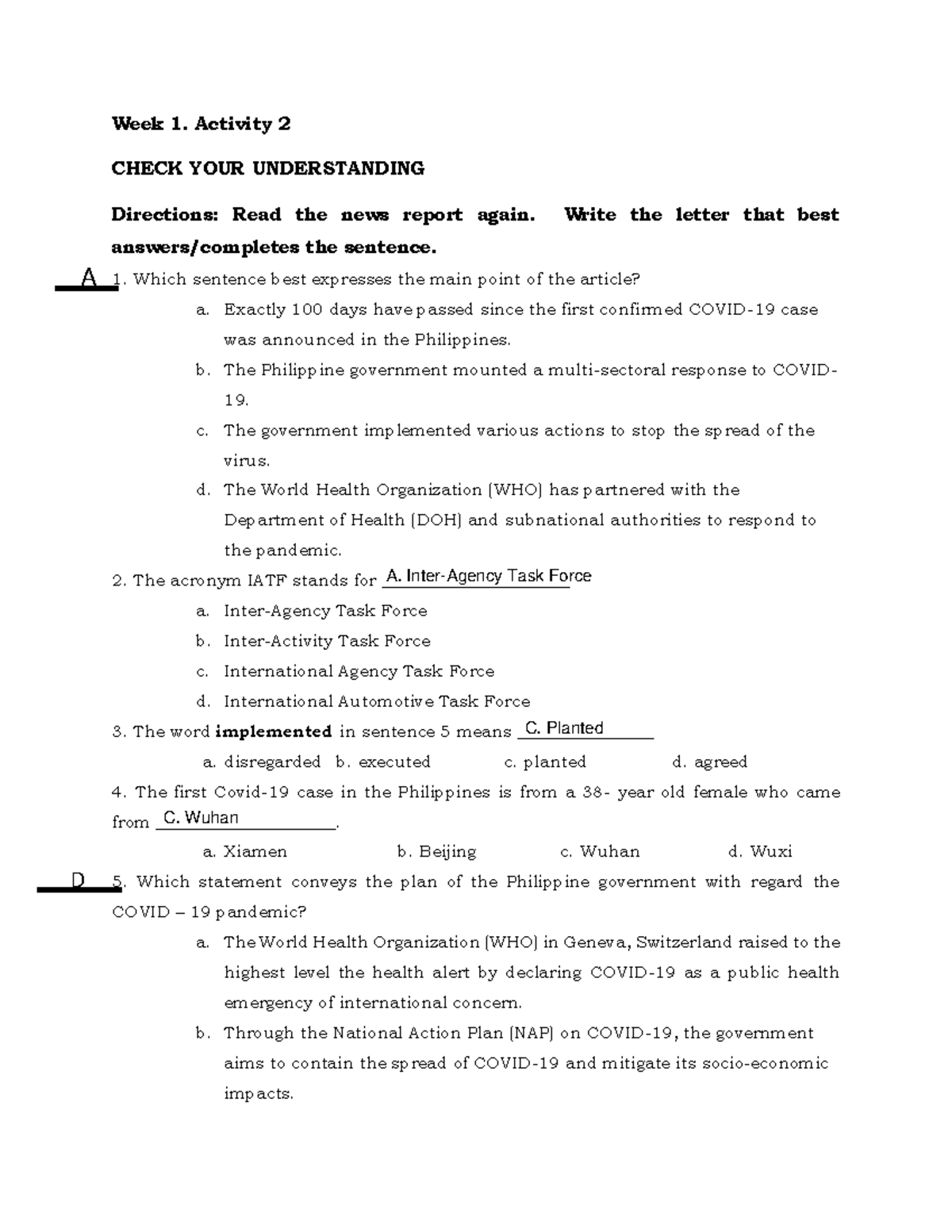Week 1 - Answers for activity - Week 1. Activity 2 CHECK YOUR ...