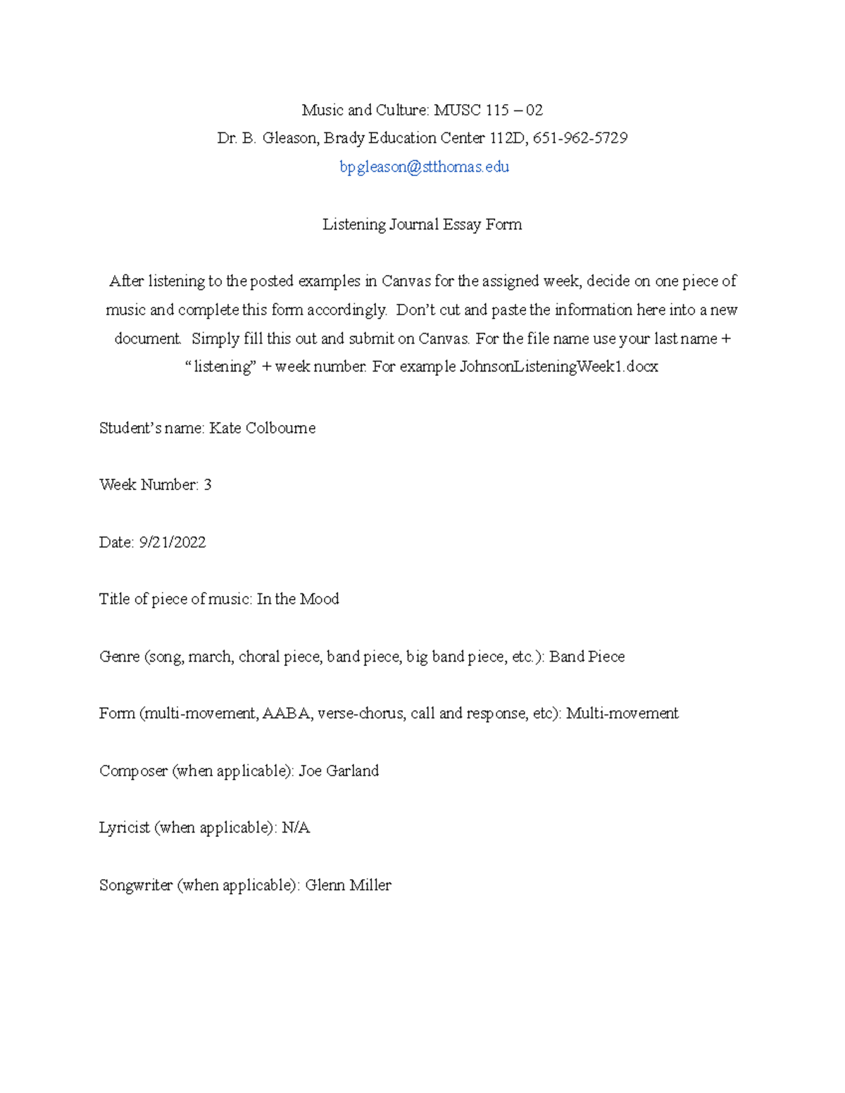 Listening Essay Week 3 - Music and Culture: MUSC 115 – 02 Dr. B ...