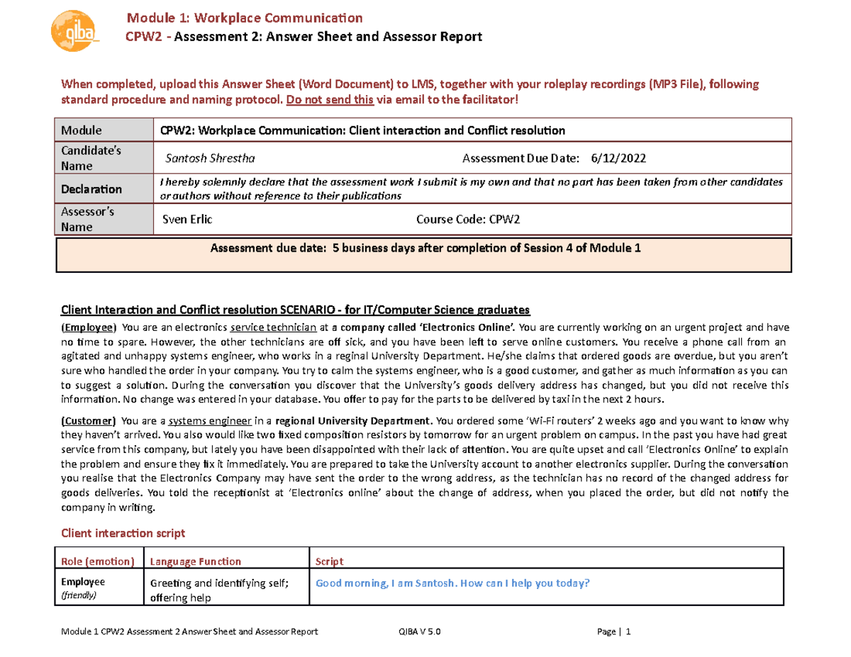 Module 1 CPW2 Assessment 2 Answer Sheet and Assessor Report Santosh ...