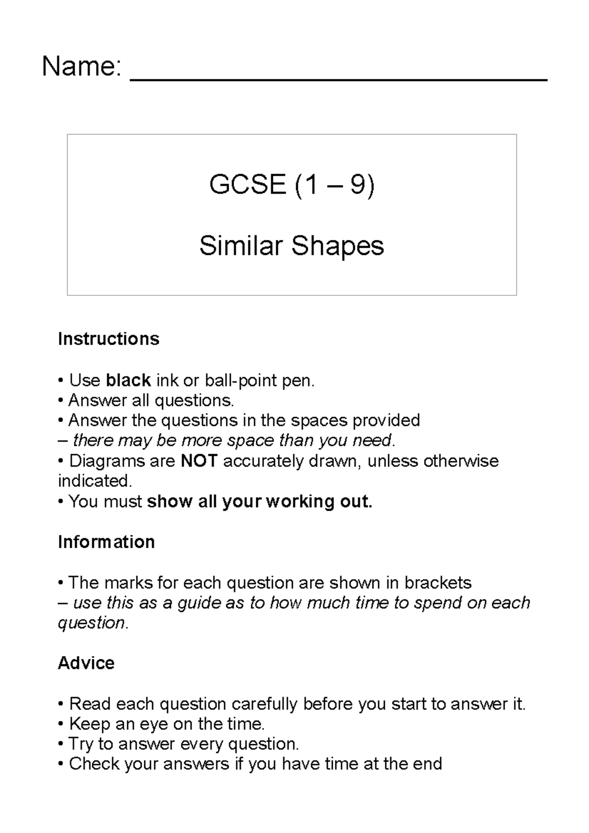 Edexcel similar shapes - GCSE (1 – 9) Similar Shapes Name ...