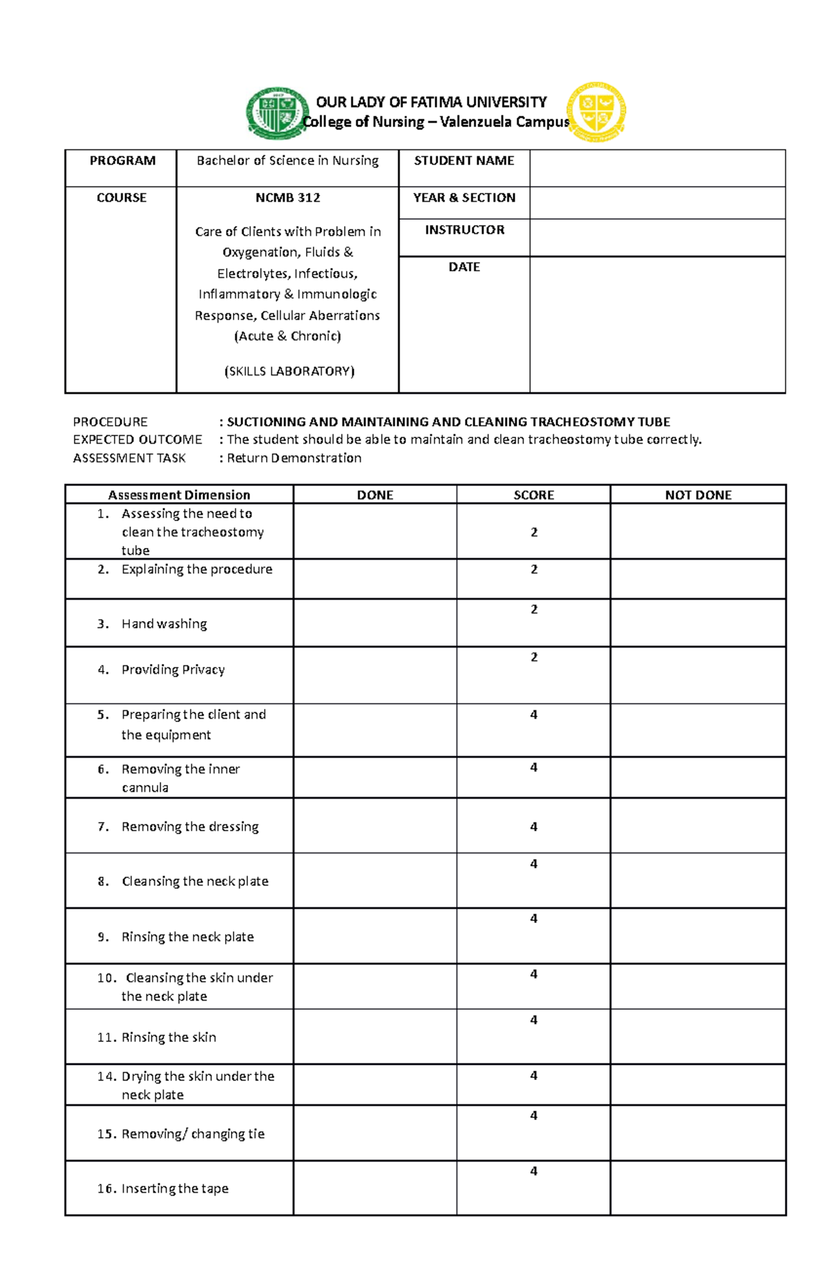 Suctioning AND Tracheostomy CARE - OUR LADY OF FATIMA UNIVERSITY ...