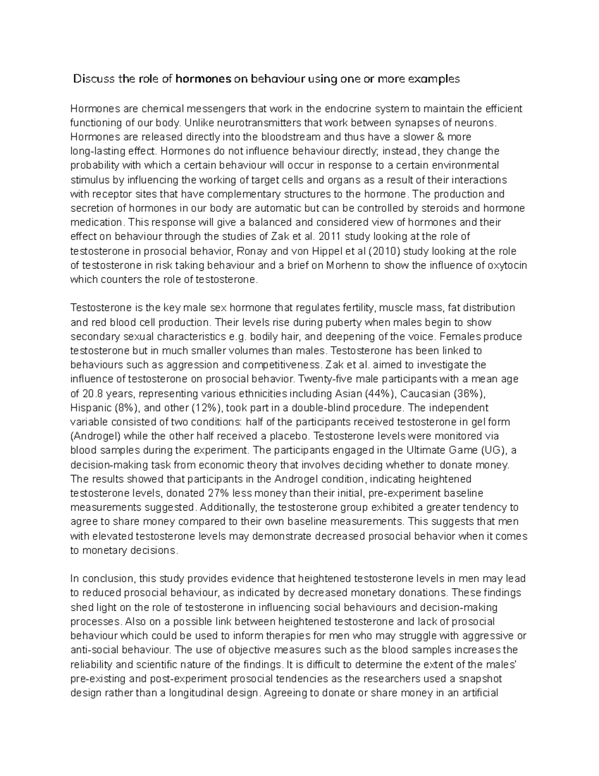 ERQ Hormones - Discuss the role of hormones on behaviour using one or ...