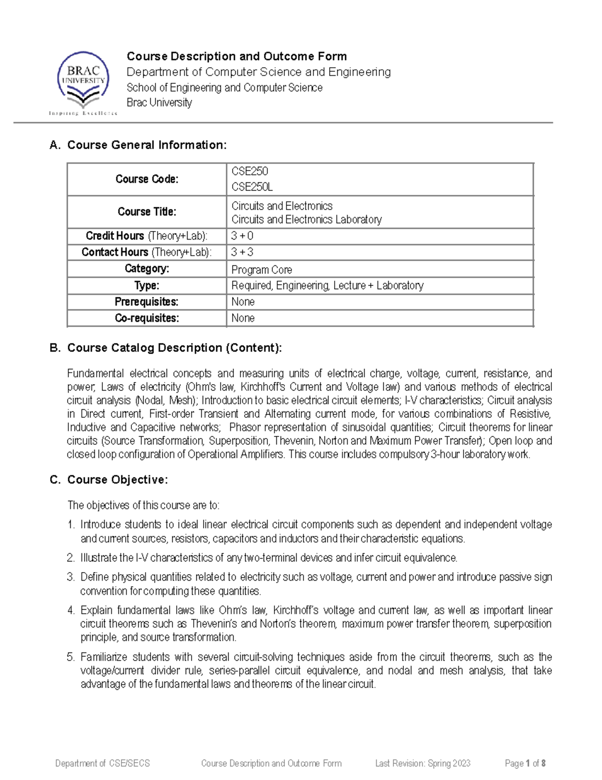 CSE250 Circuits and Electronics-Course Description and Outcome Form - Course Description and ...
