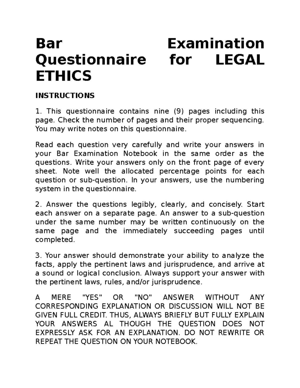 BAR Questions 2018 - Lecture notes 1 - Bar Examination Questionnaire ...