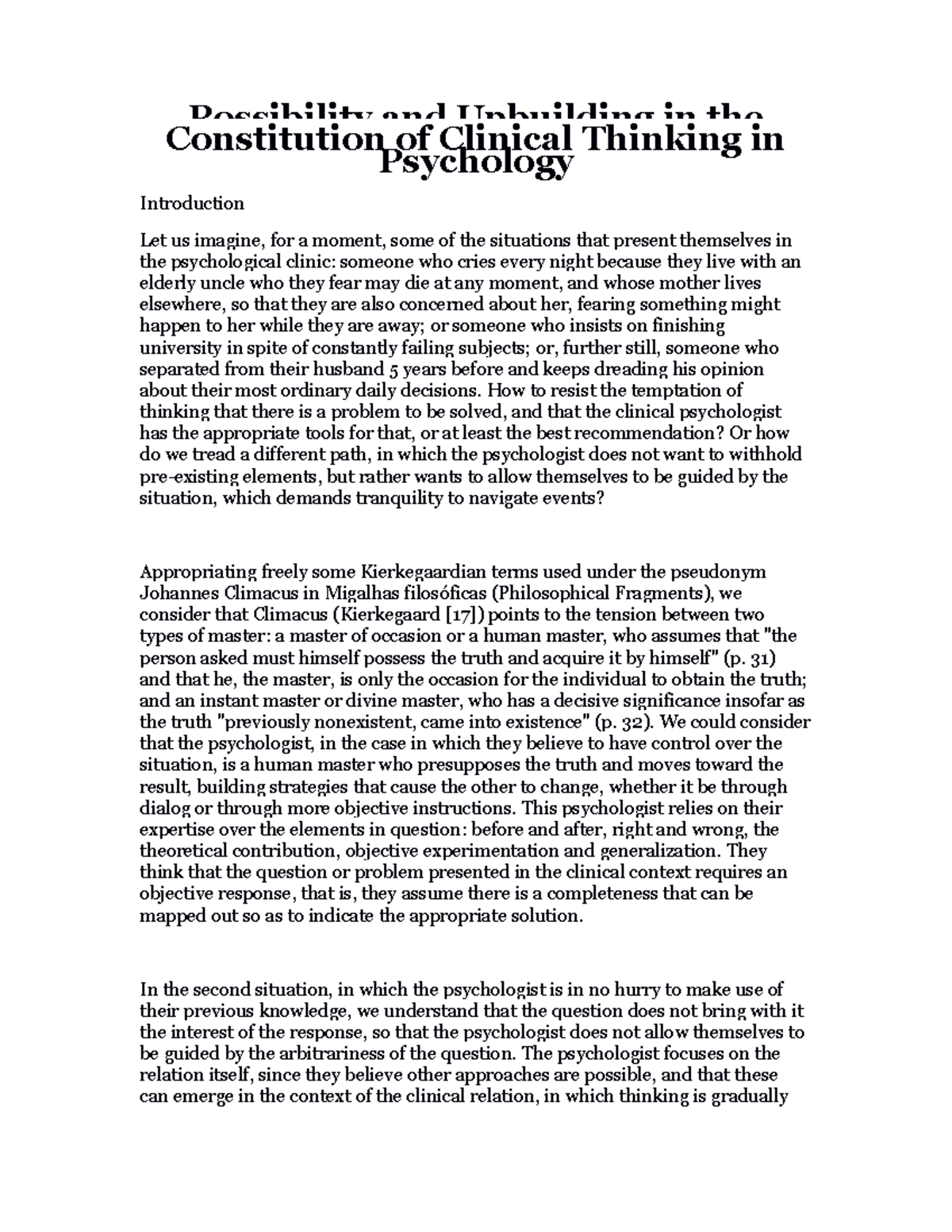 Lecture in Possibility and Upbuilding in the Constitution of Clinical ...