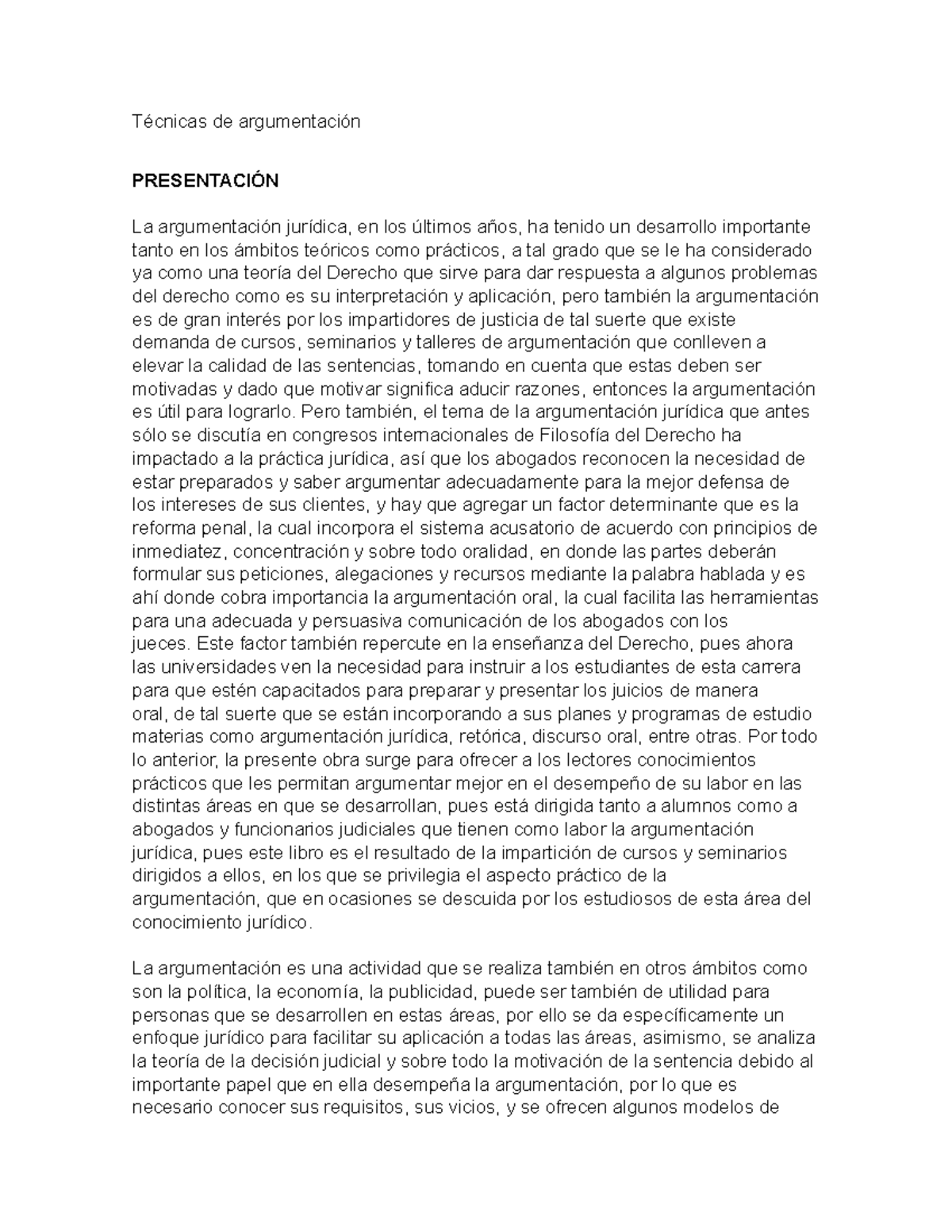 Técnicas de argumentación i - Técnicas de argumentación PRESENTACIÓN La ...