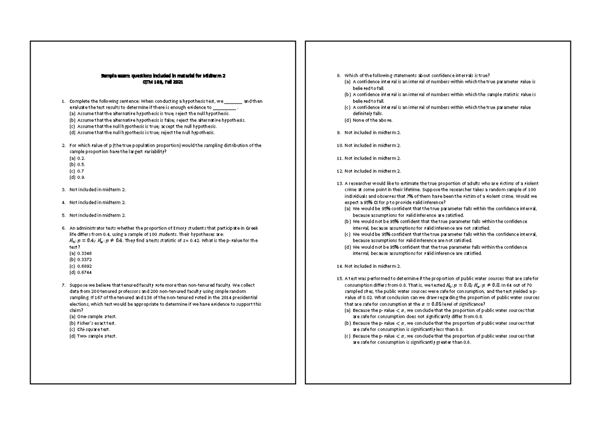 Practice Questions Midterm 2Blank - Sample exam: questions included in material for Midterm 2 ...