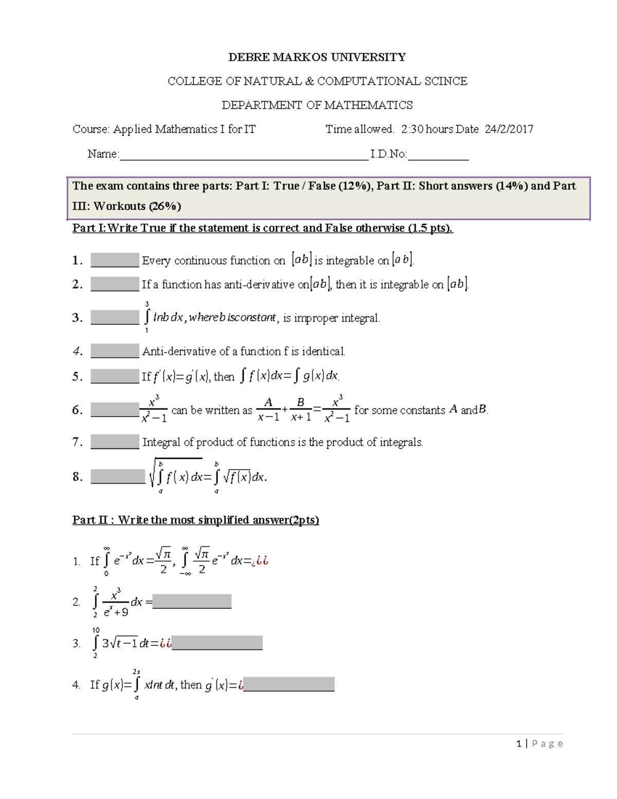 Applied mathematics I for IT - 2:30 hours Date 24/2/ Name