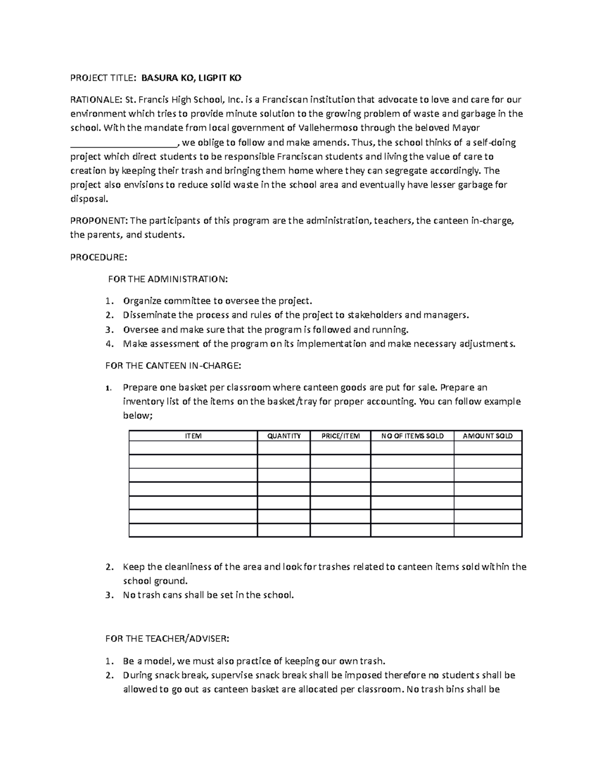 Basura KO Ligpit KO - ACTION PLAN - PROJECT TITLE: BASURA KO, LIGPIT KO ...