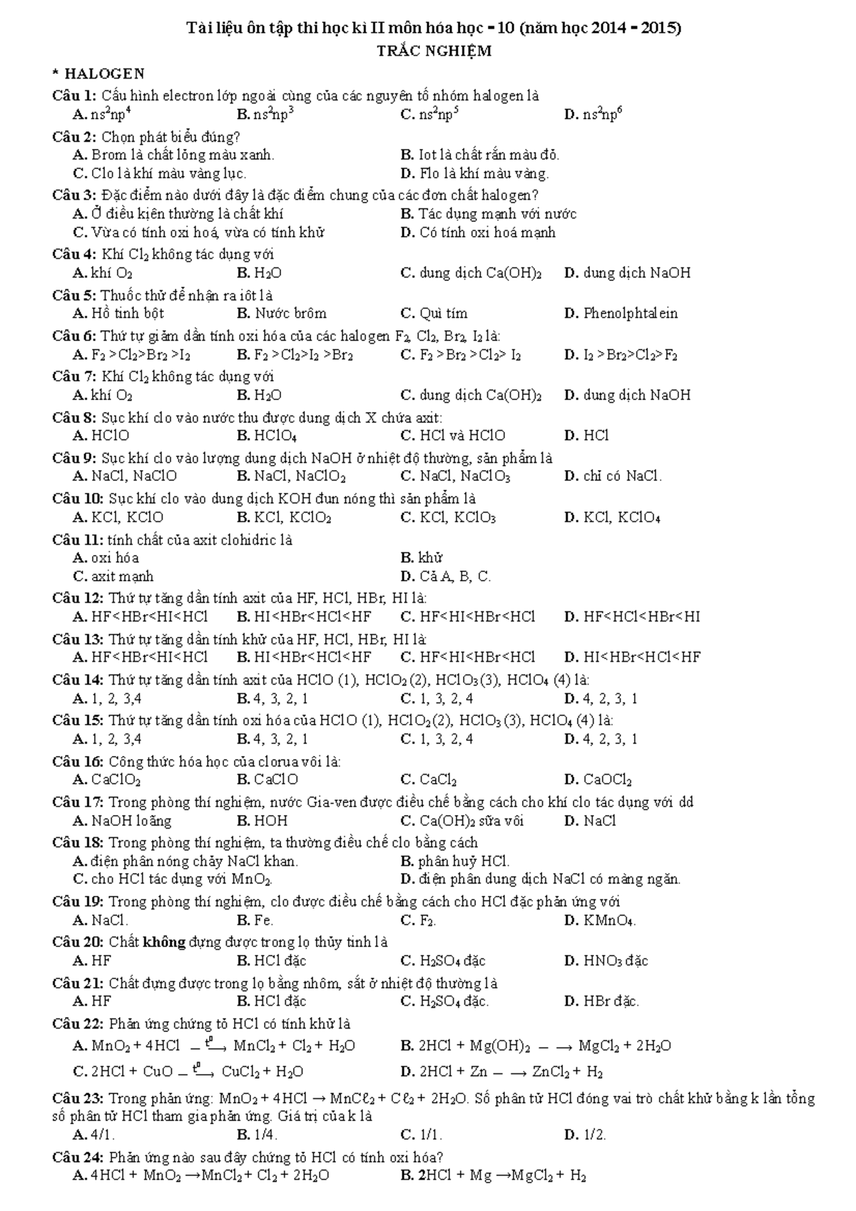 De thi trac nghiem hoc ki II hoa 10 - T愃i liê ̣u ôn tâ ̣p thi h漃⌀c k椃 II môn h漃Āa h漃⌀c 10 (năm ...