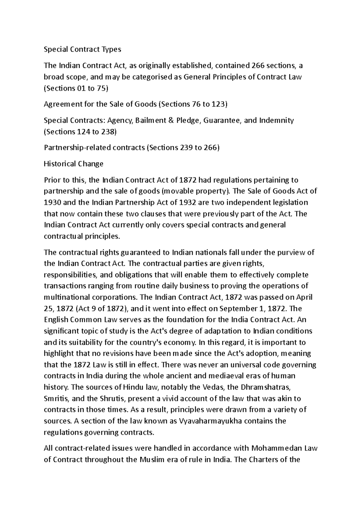 Special Types of Contracts - Special Contract Types The Indian Contract Act, as originally - Studocu