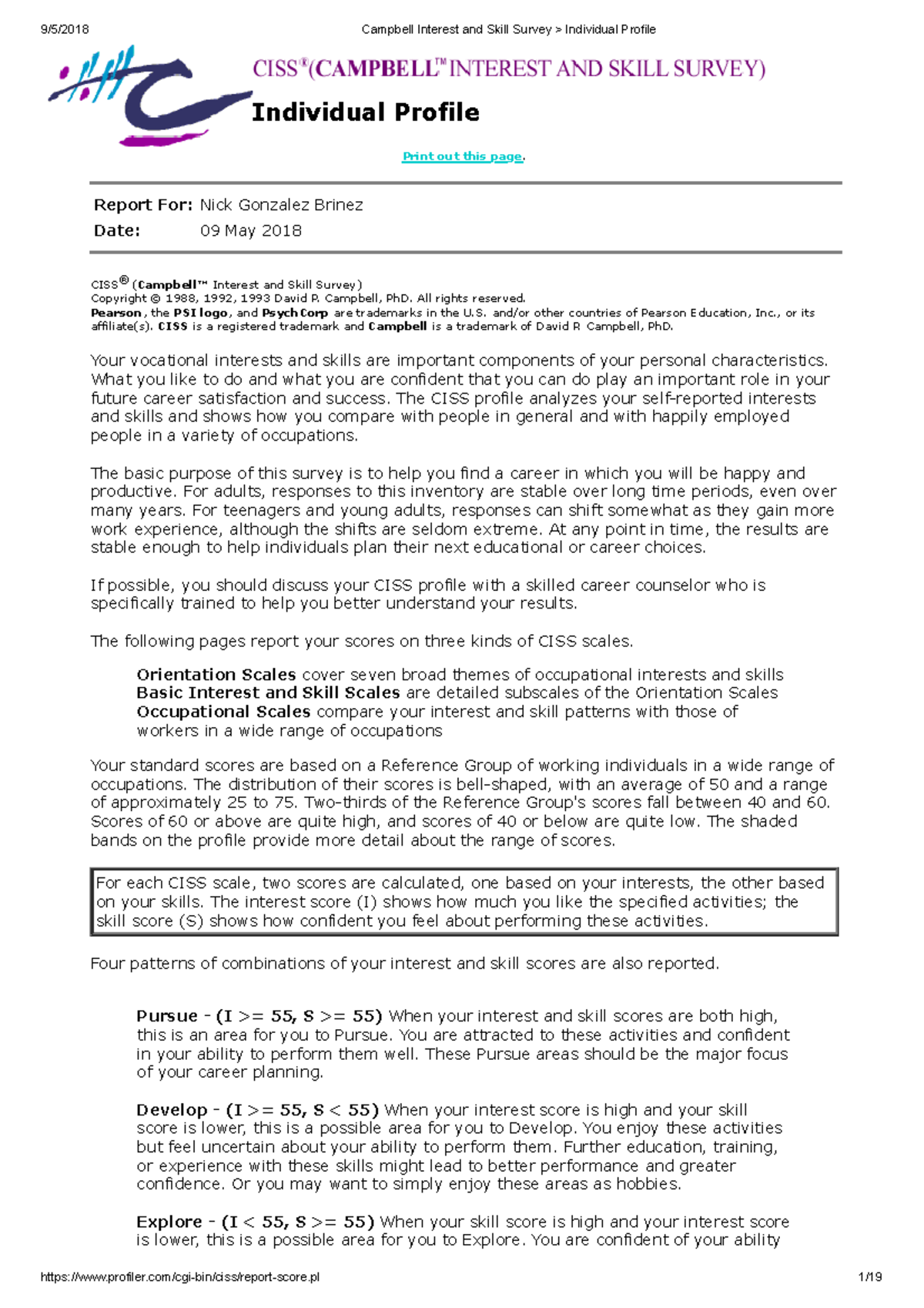 Campbell Interest and Skill Survey Individual Profilee - Individual ...