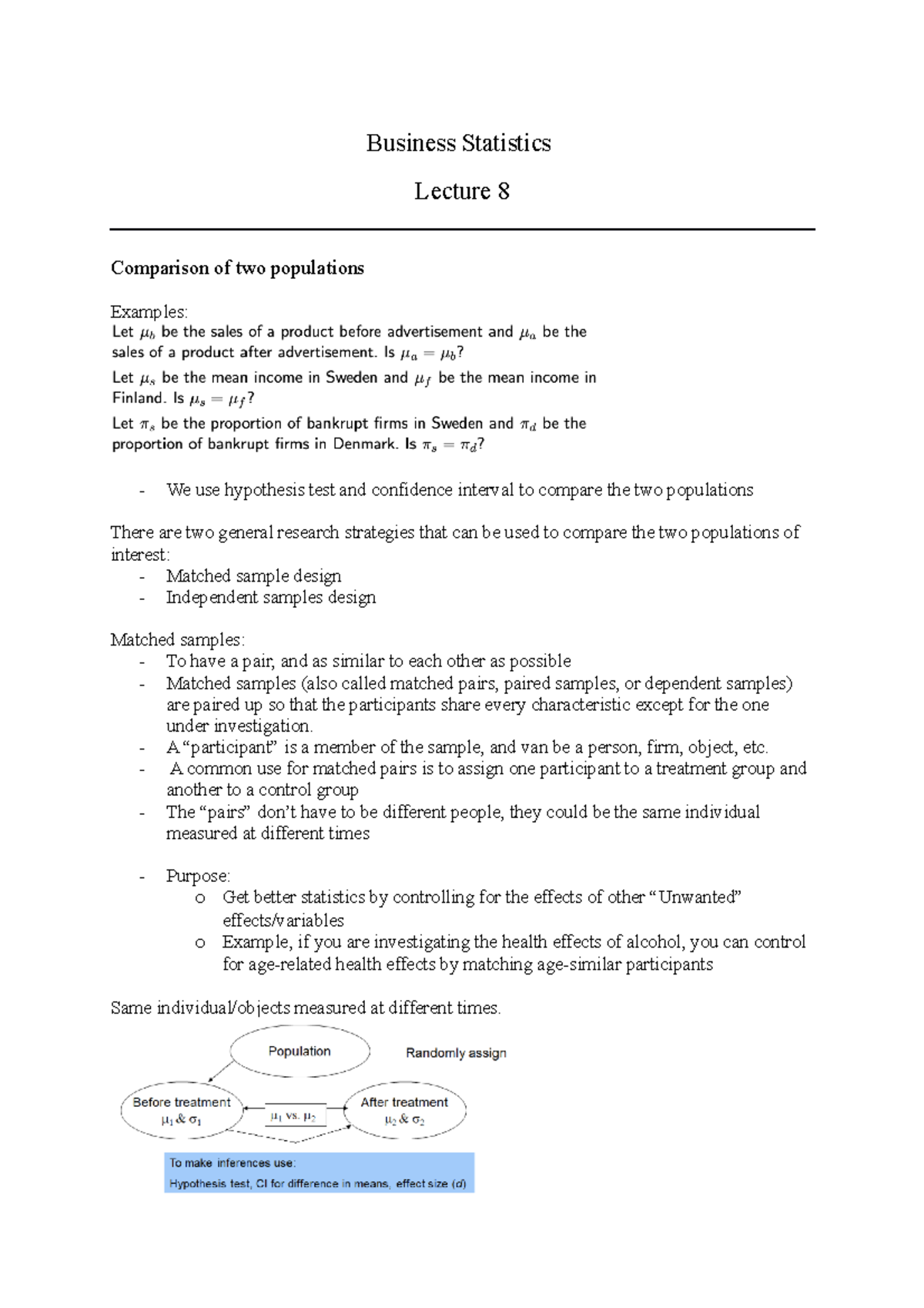 L8 - Föreläsningsanteckningar i Business Statistics - Business Statistics Lecture 8 Comparison ...