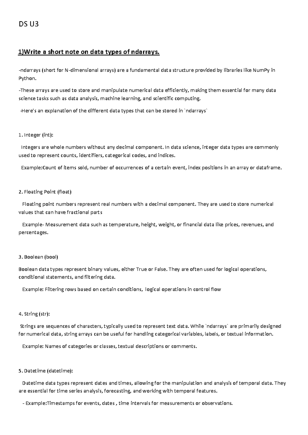 DS U3 - Notes - DS U 1)Write a short note on data types of ndarrays ...