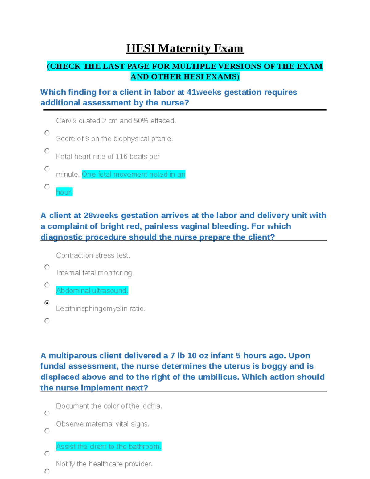 HESI Maternity Exam 2021 Maternity HESI Exam 2021 - HESI Maternity Exam ...