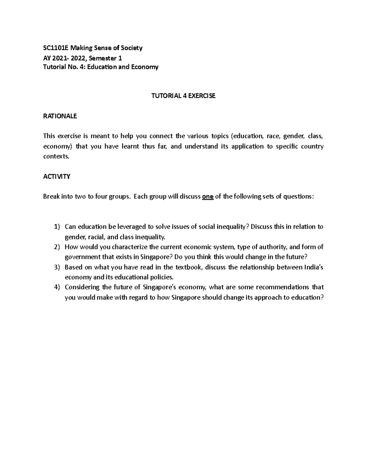 SC1101E Tutorial 4 Questions - SC1101E - NUS - Studocu