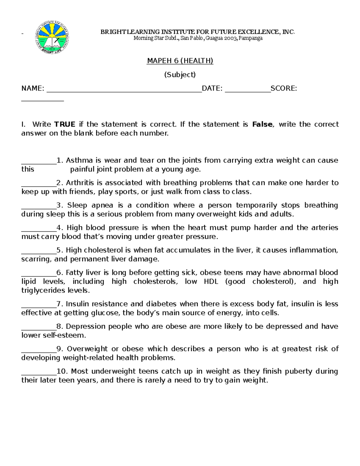 Mapeh 6 Worksheet 2nd - MAPEH 6 (HEALTH) (Subject) NAME: - Studocu