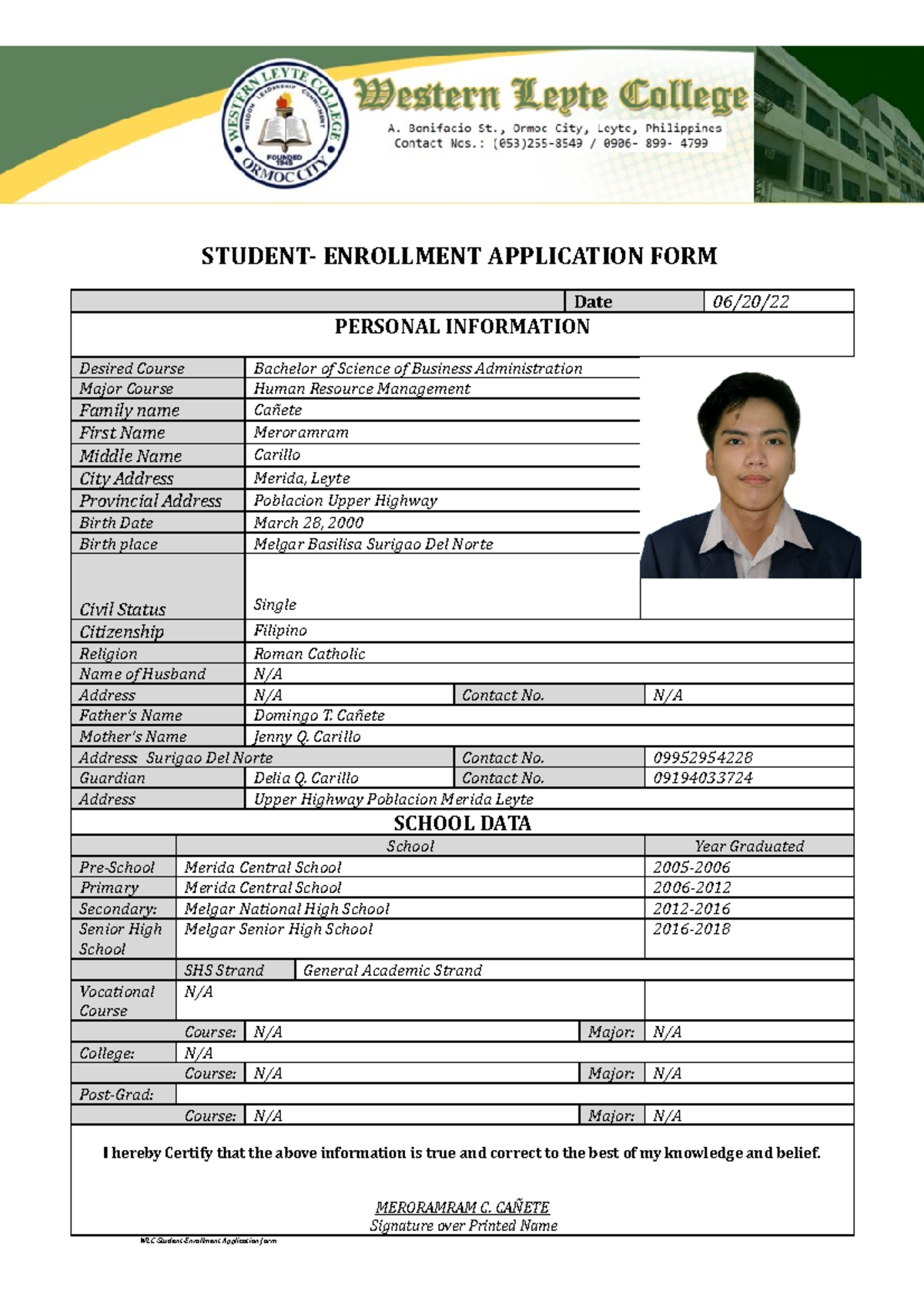 WLC Student Sheet - aeae - STUDENT- ENROLLMENT APPLICATION FORM Date 06 ...