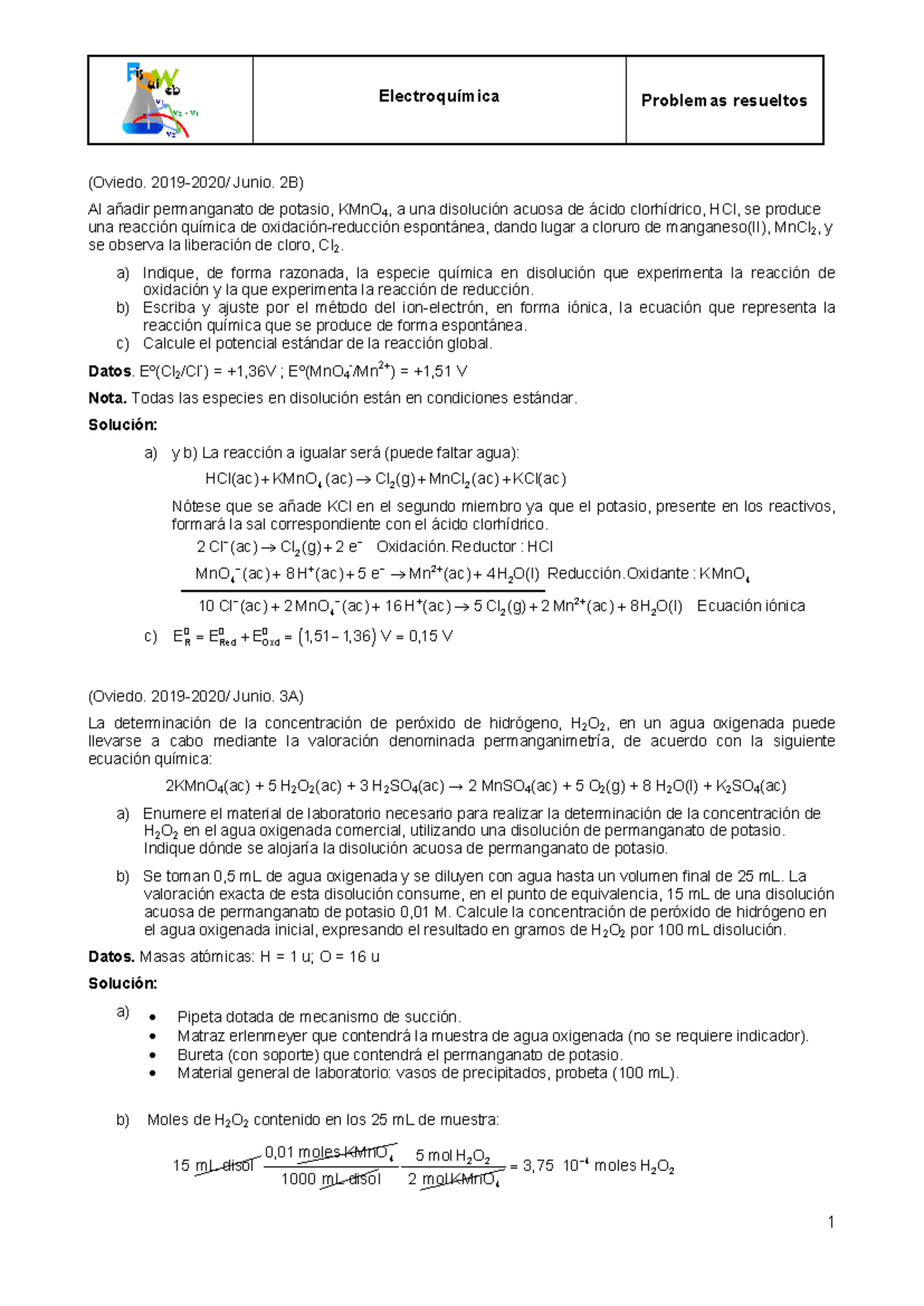 Electroquimica ejercicios - Electroquímica Problemas resueltos (Oviedo. 2019-2020/ Junio. 2B) Al ...