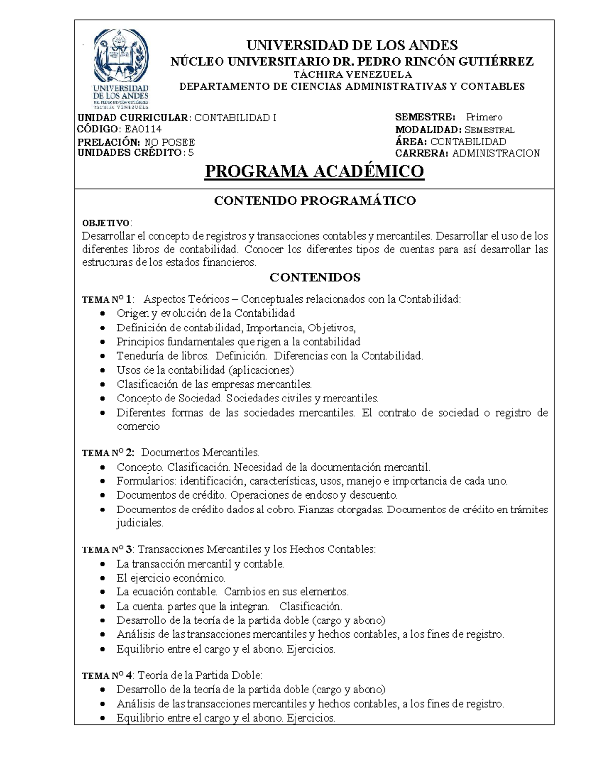 Contenido Programatico Contabilidad I - . UNIDAD CURRICULAR ...