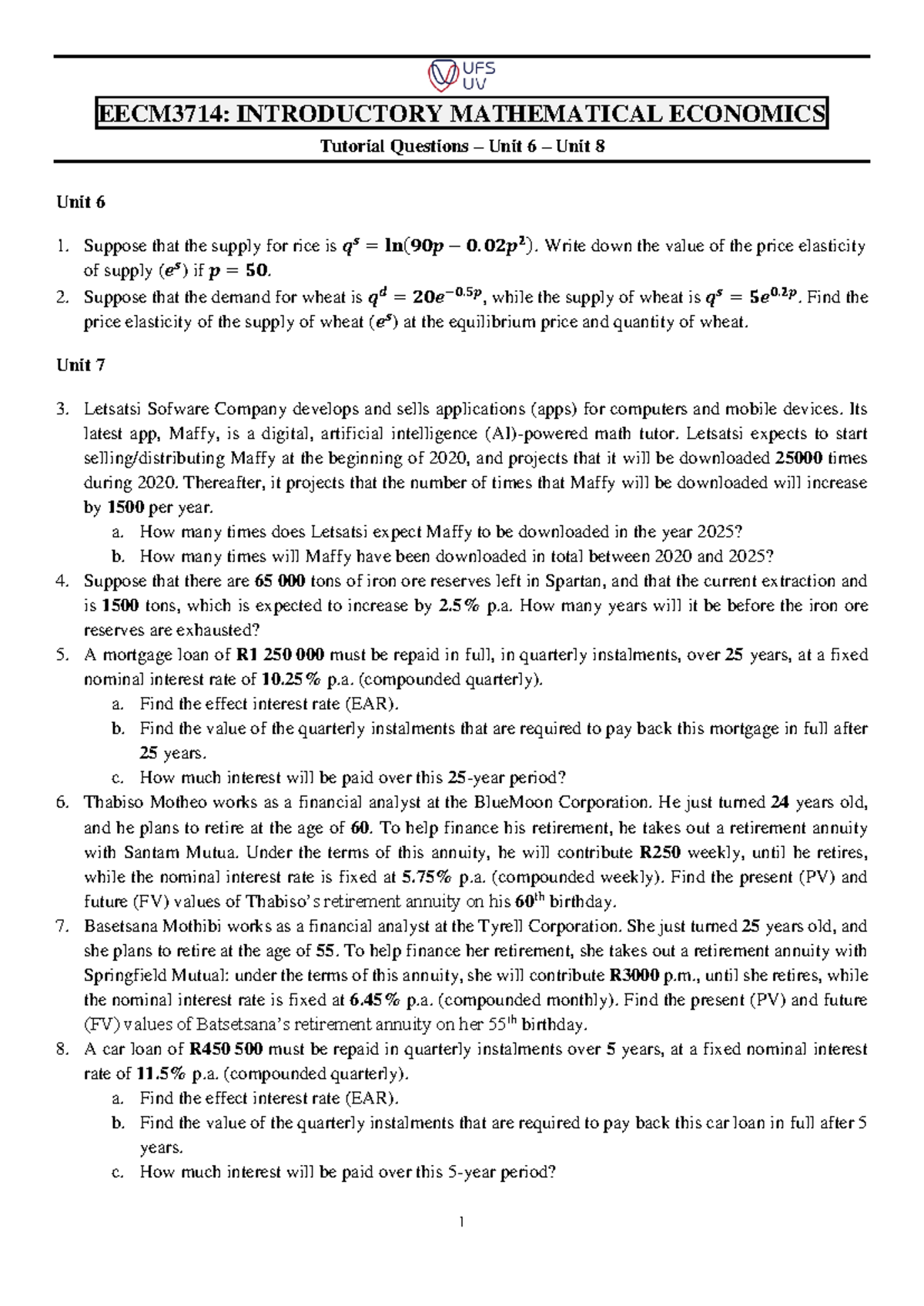 Unit 6 to 8 Tutorial 2024 - 1 EECM3714: INTRODUCTORY MATHEMATICAL ...