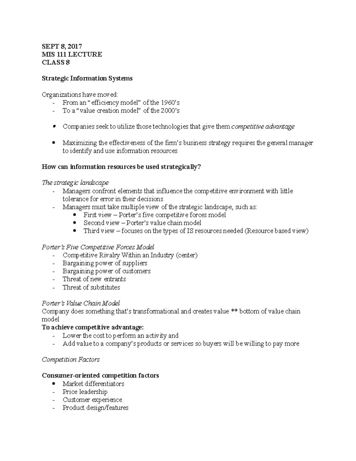 Class 8 lecture - SEPT 8, 2017 MIS LECTURE CLASS 8 Strategic ...