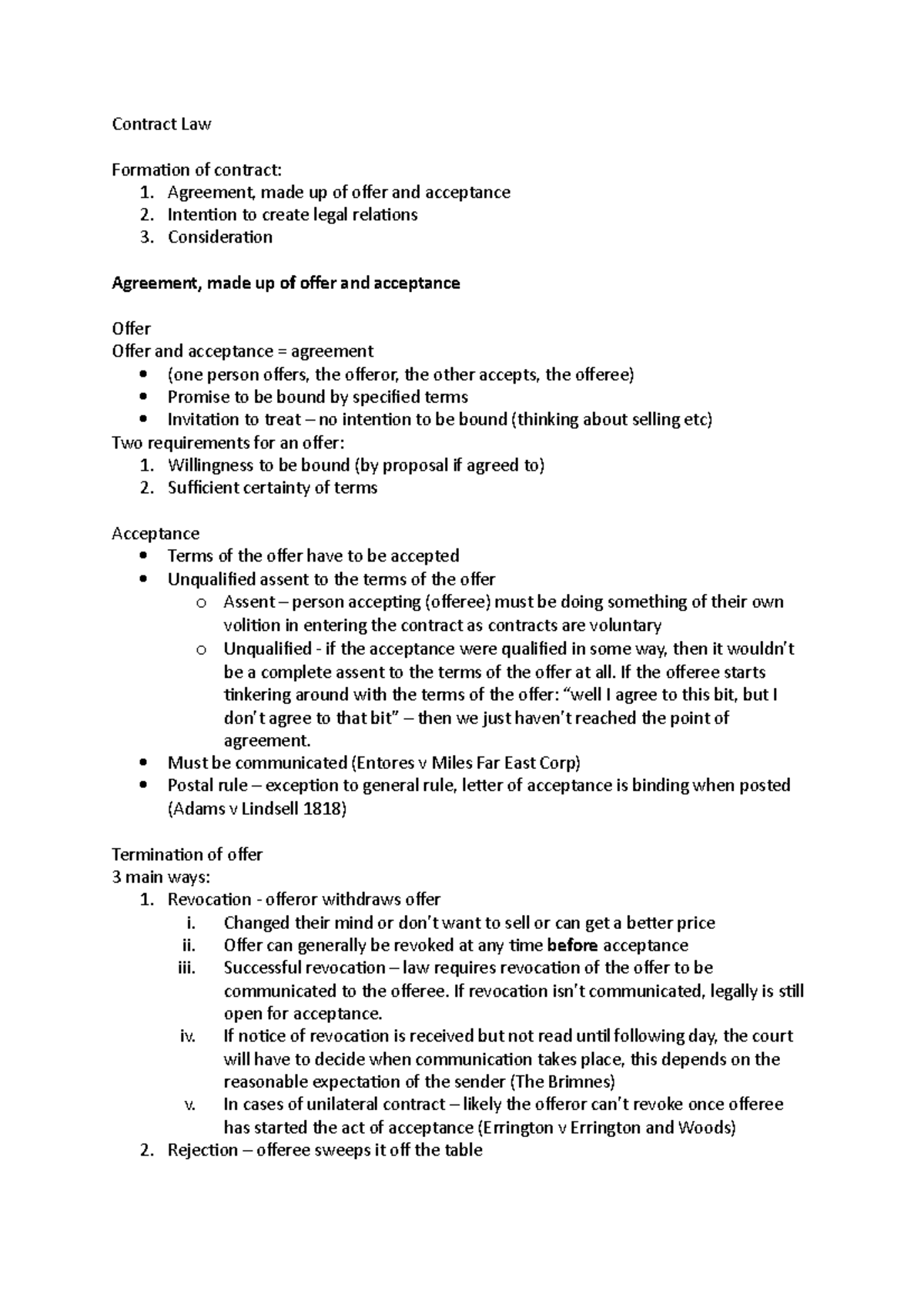 Contract Law Module Notes - Contract Law Formaion of contract: 1 ...