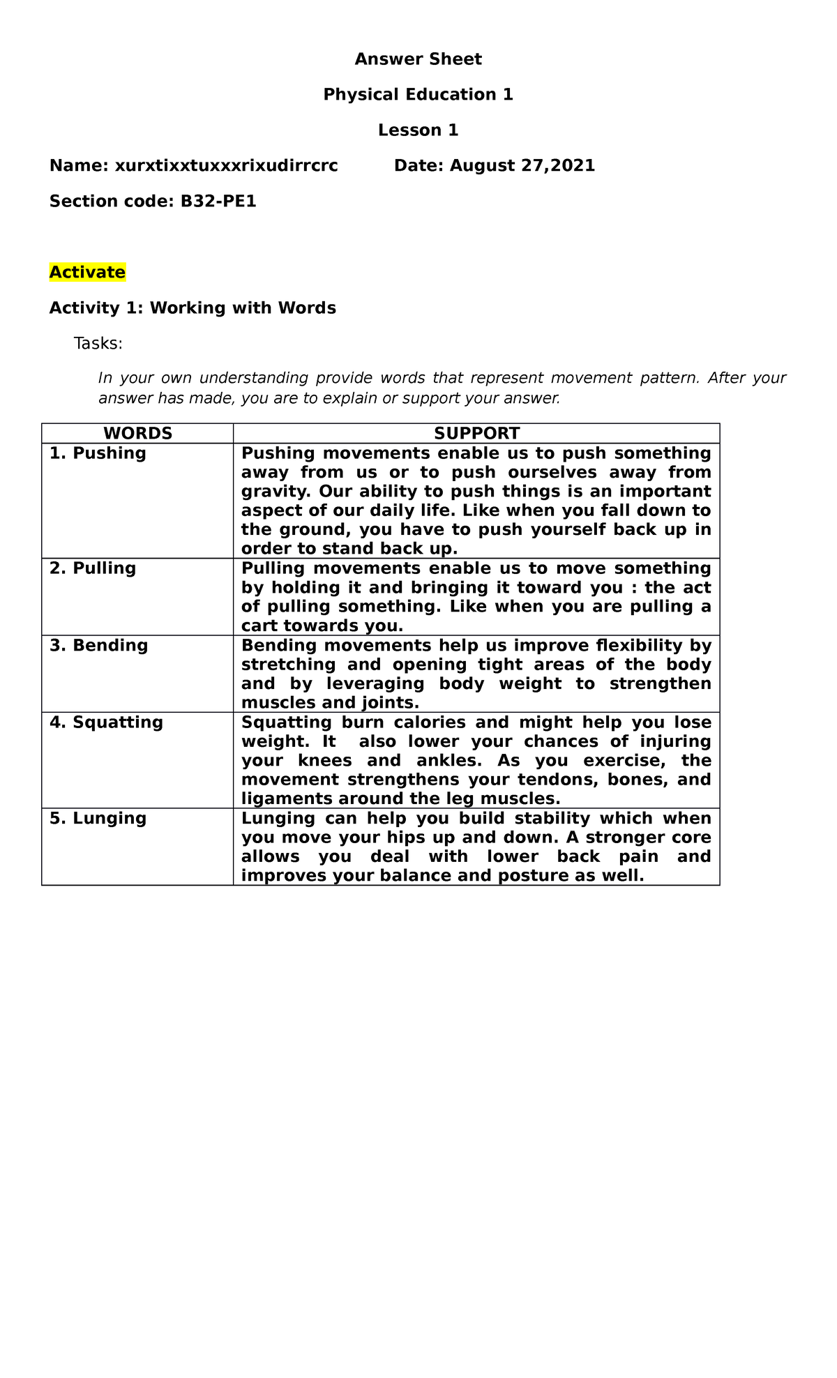 Answer Sheet Module 1-Lesson 1 Physical Education1 - Bachelor of ...
