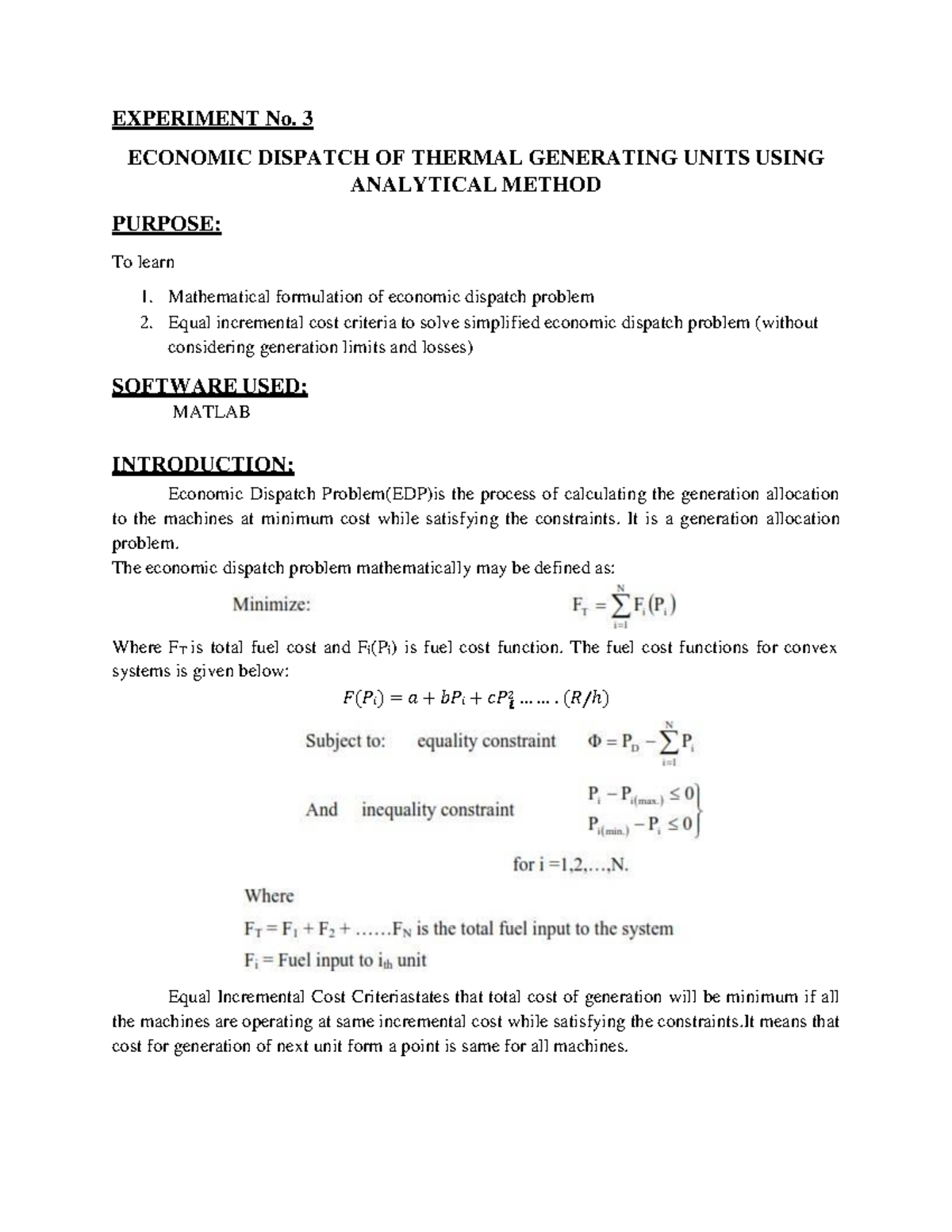 Experiment No 3 - reports - EXPERIMENT No. 3 ECONOMIC DISPATCH OF ...