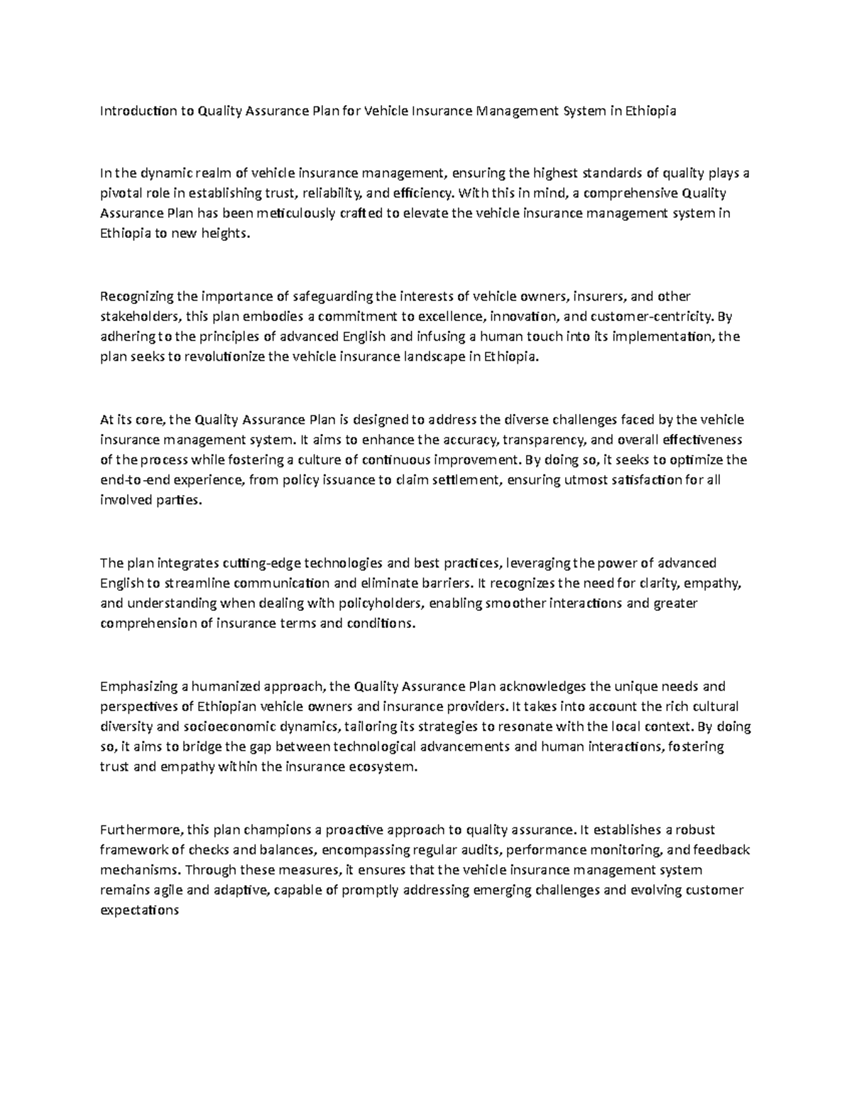 Introduction to Quality Assurance Plan for Vehicle Insurance Management ...
