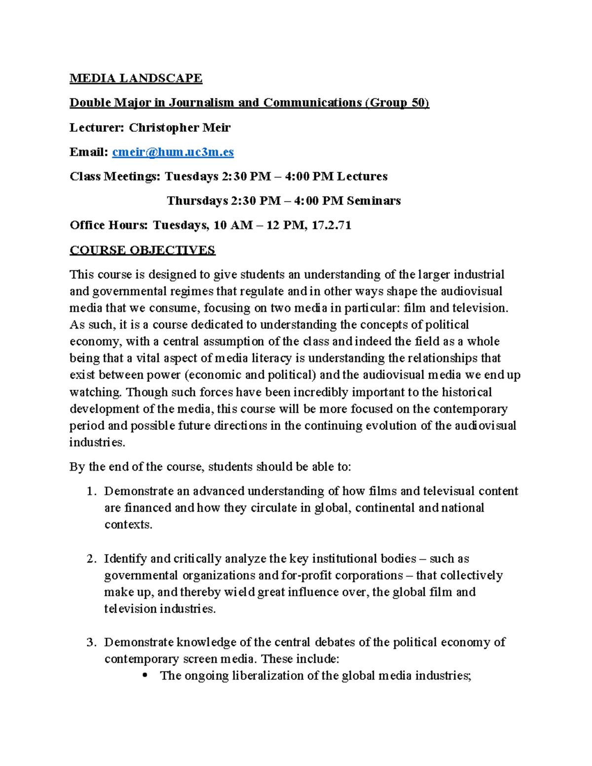 ML Outline 2024 - Syllabus - MEDIA LANDSCAPE Double Major in Journalism ...