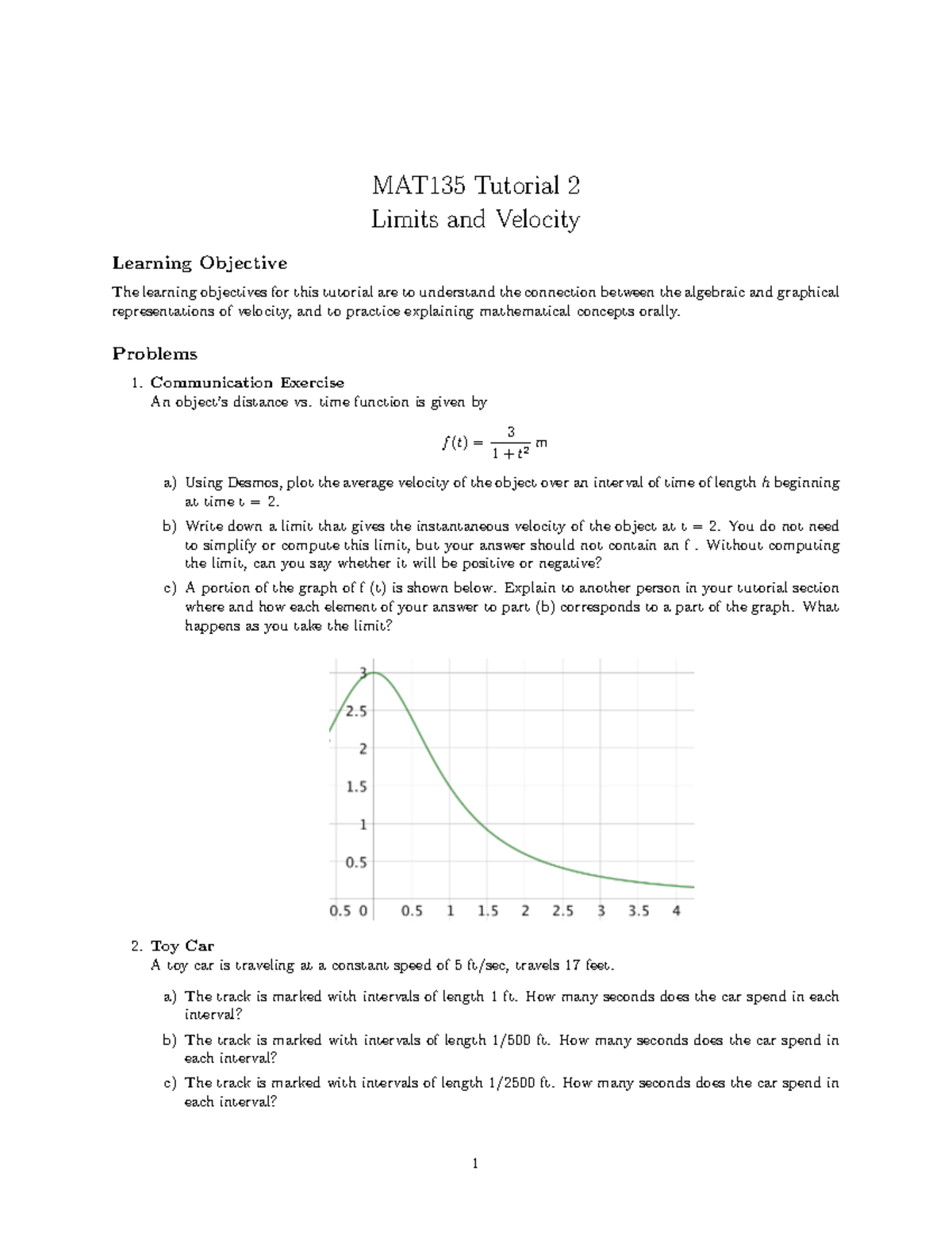 MAT135 Tutorial 2+Student+version - MAT135 Tutorial 2 Limits and Velocity Learning Objective The ...