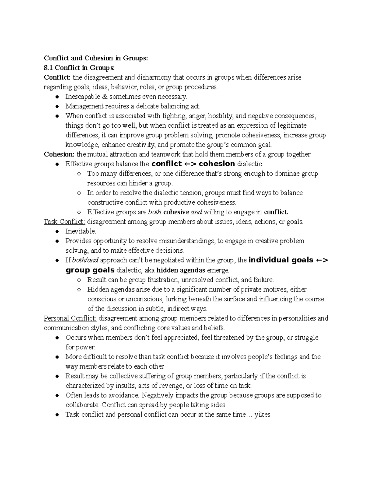 COMS 323 - Chapter 9 Notes - Conflict and Cohesion in Groups: 8 ...