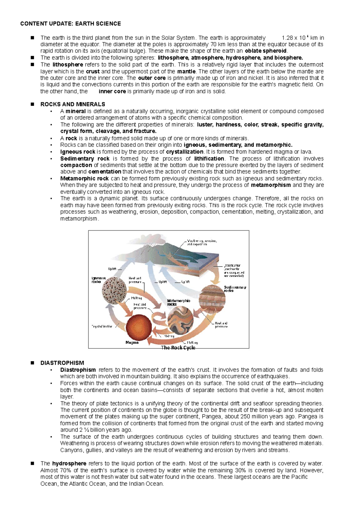 Earth Scıence Revıew Notes - CONTENT UPDATE: EARTH SCIENCE The earth is ...