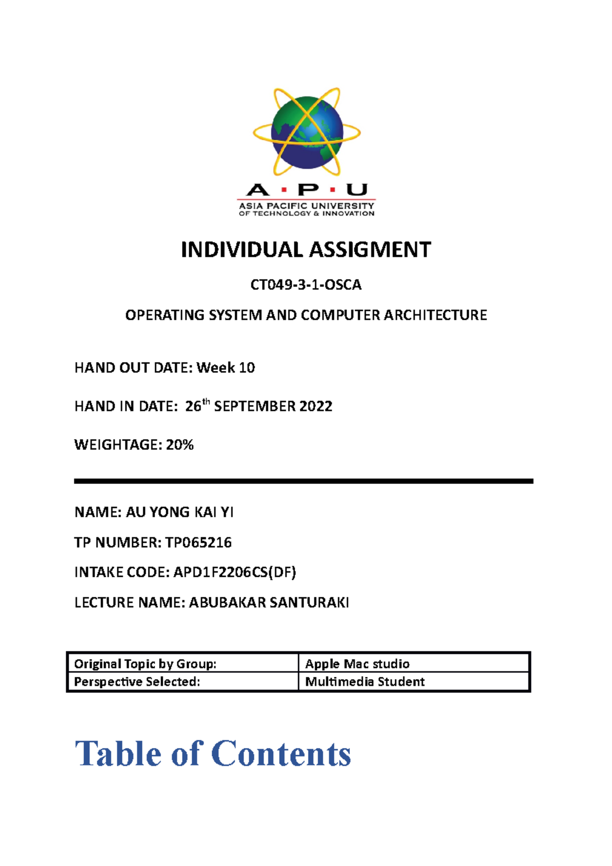 OSCA DOCU - OSCA Doc - INDIVIDUAL ASSIGMENT CT049-3-1-OSCA OPERATING ...