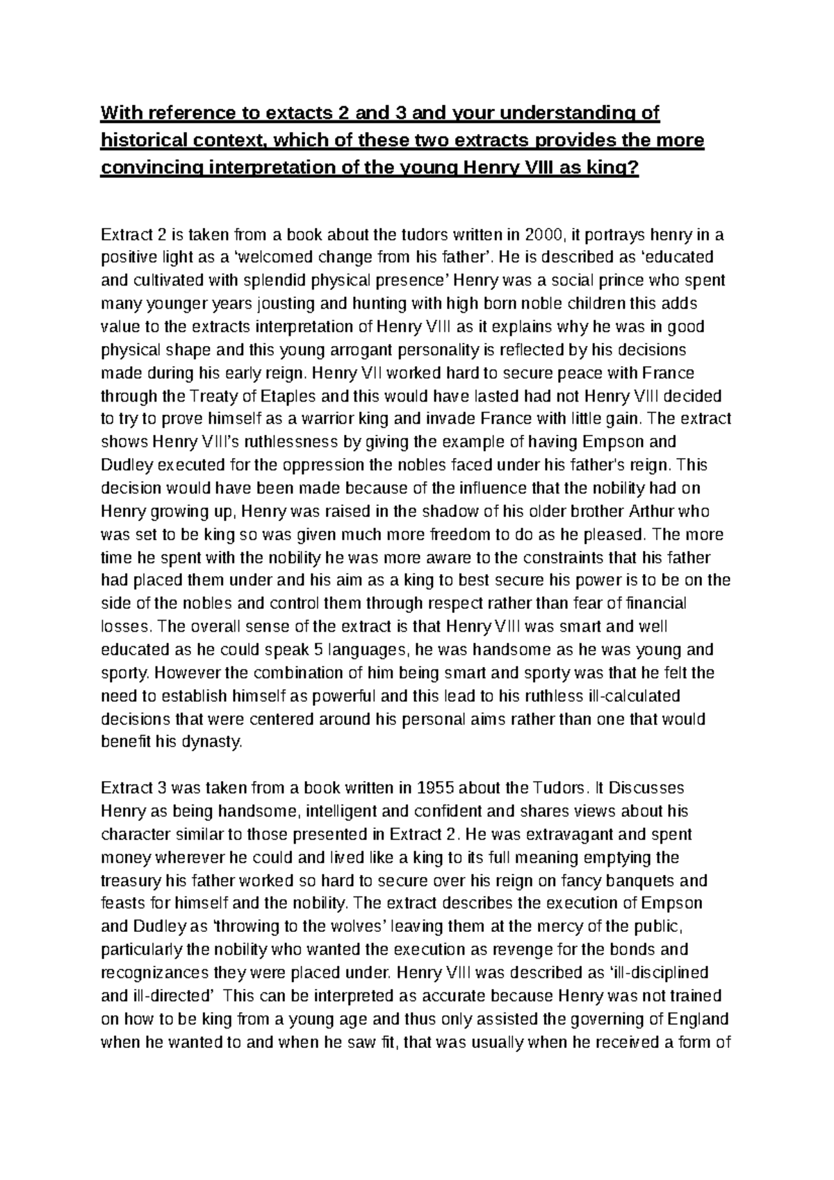 Tudor essay henry viii - Google Docs - - Studocu