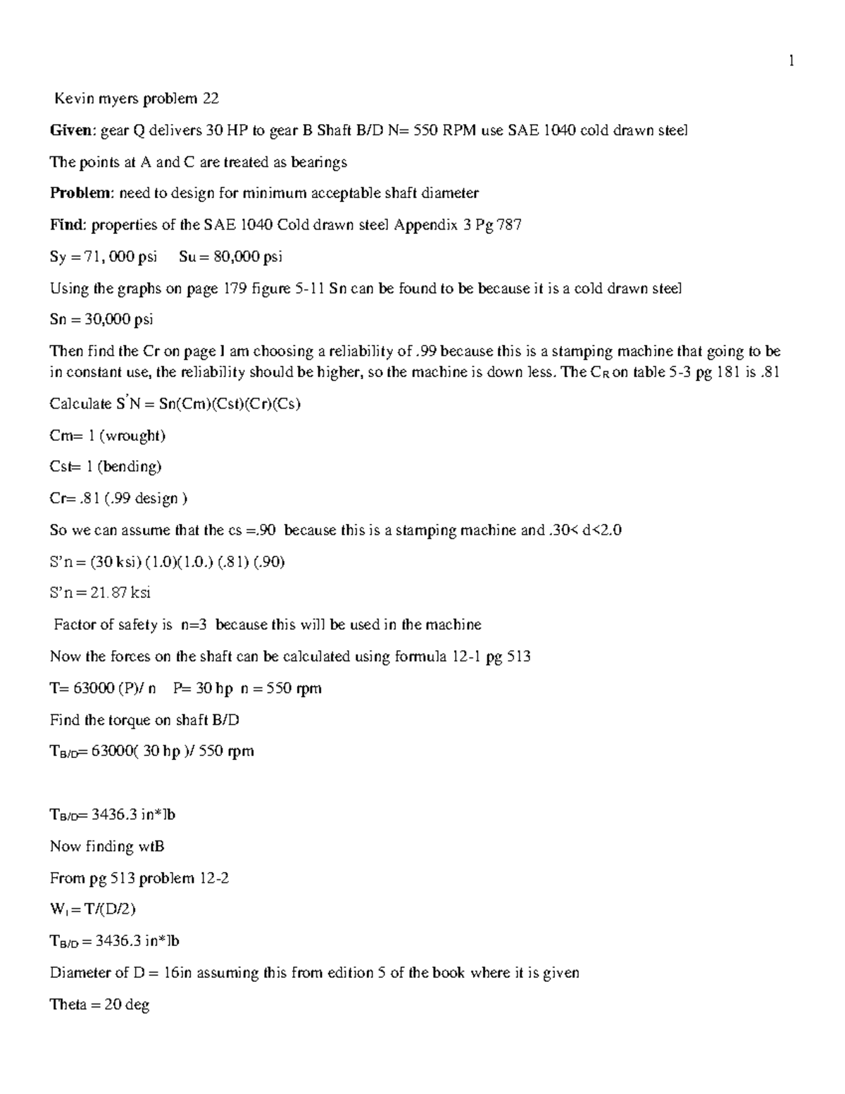 Machine Design - formulas - 1 Kevin myers problem 22 Given: gear Q ...