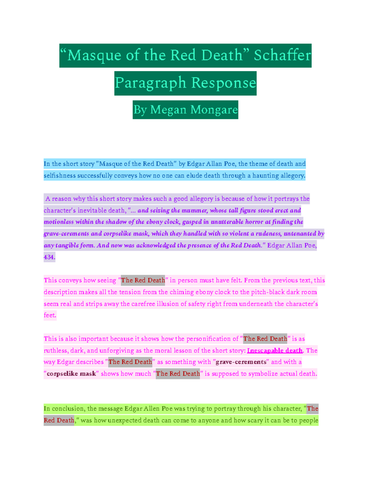 Allegory “Masque of the Red Death” Academic (Schaffer) Paragraph ...
