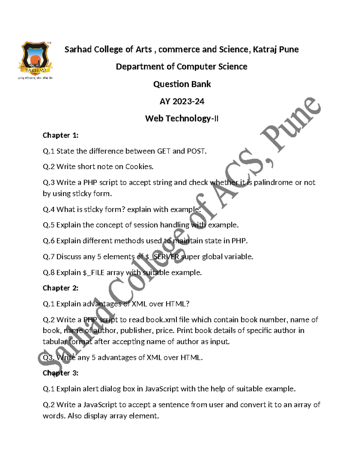 Web Tech-II 202-24 Question bank - Sarhad College of Arts , commerce ...