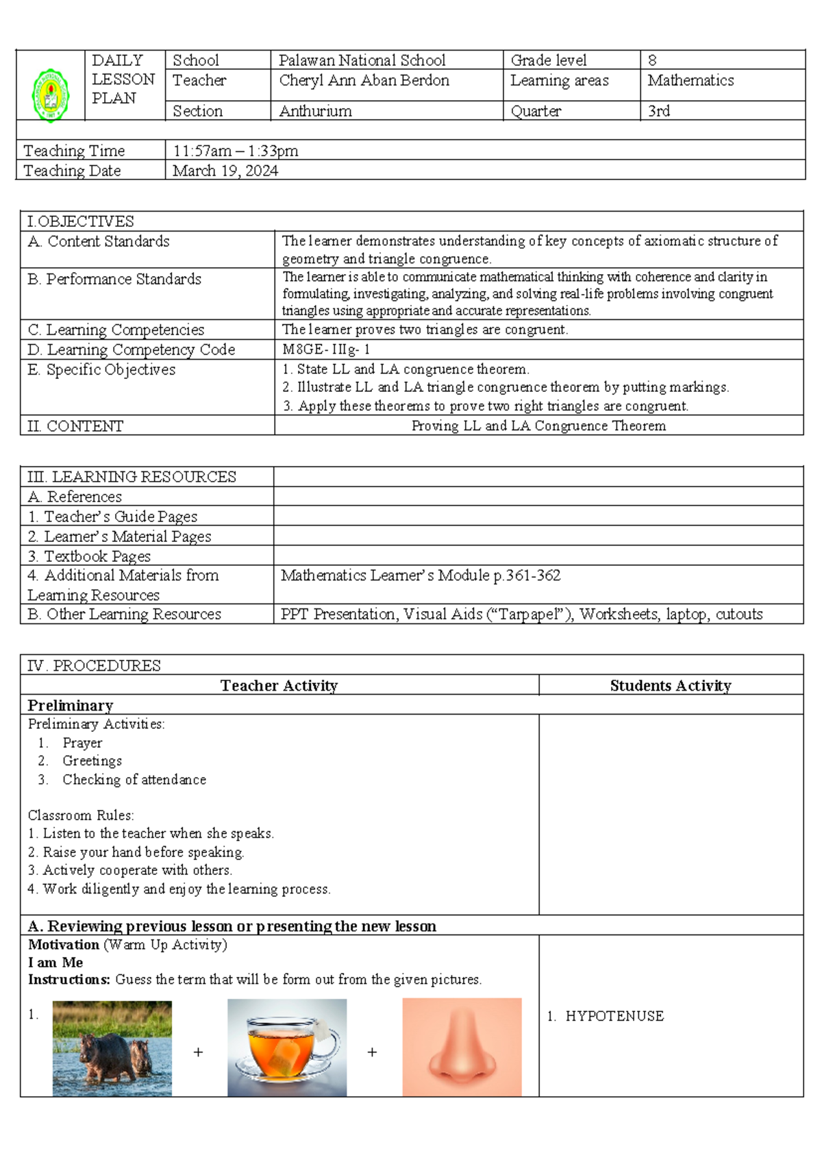 Leg Leg and Leg Acute - + + DAILY LESSON PLAN School Palawan National ...