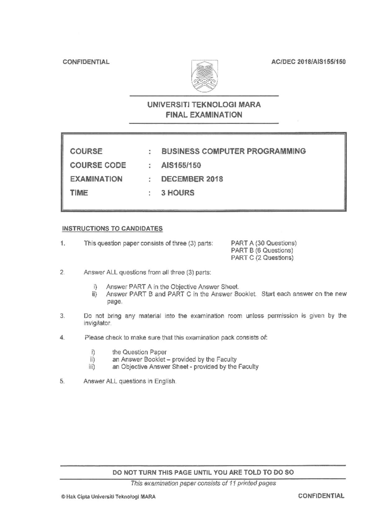 AIS155 FA December 2018 - Diploma in Accountancy / Financial Accounting ...