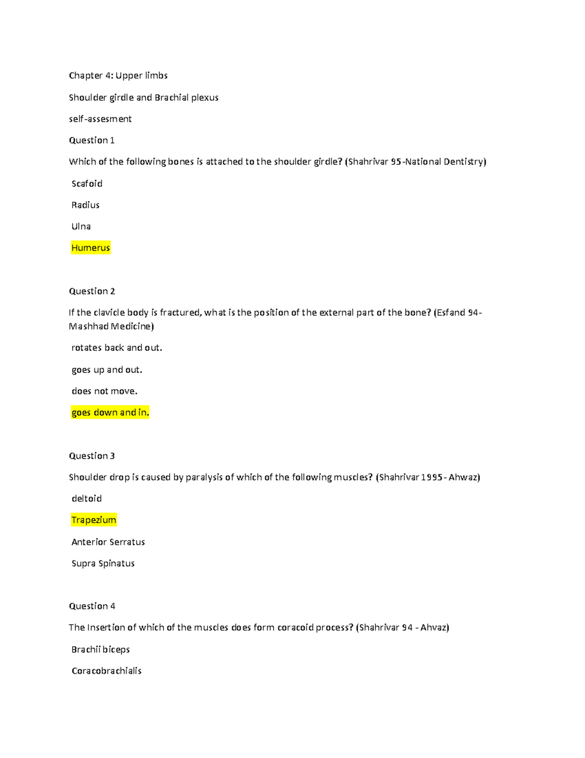 Anatomy test msq final - Chapter 4: Upper limbs Shoulder girdle and ...