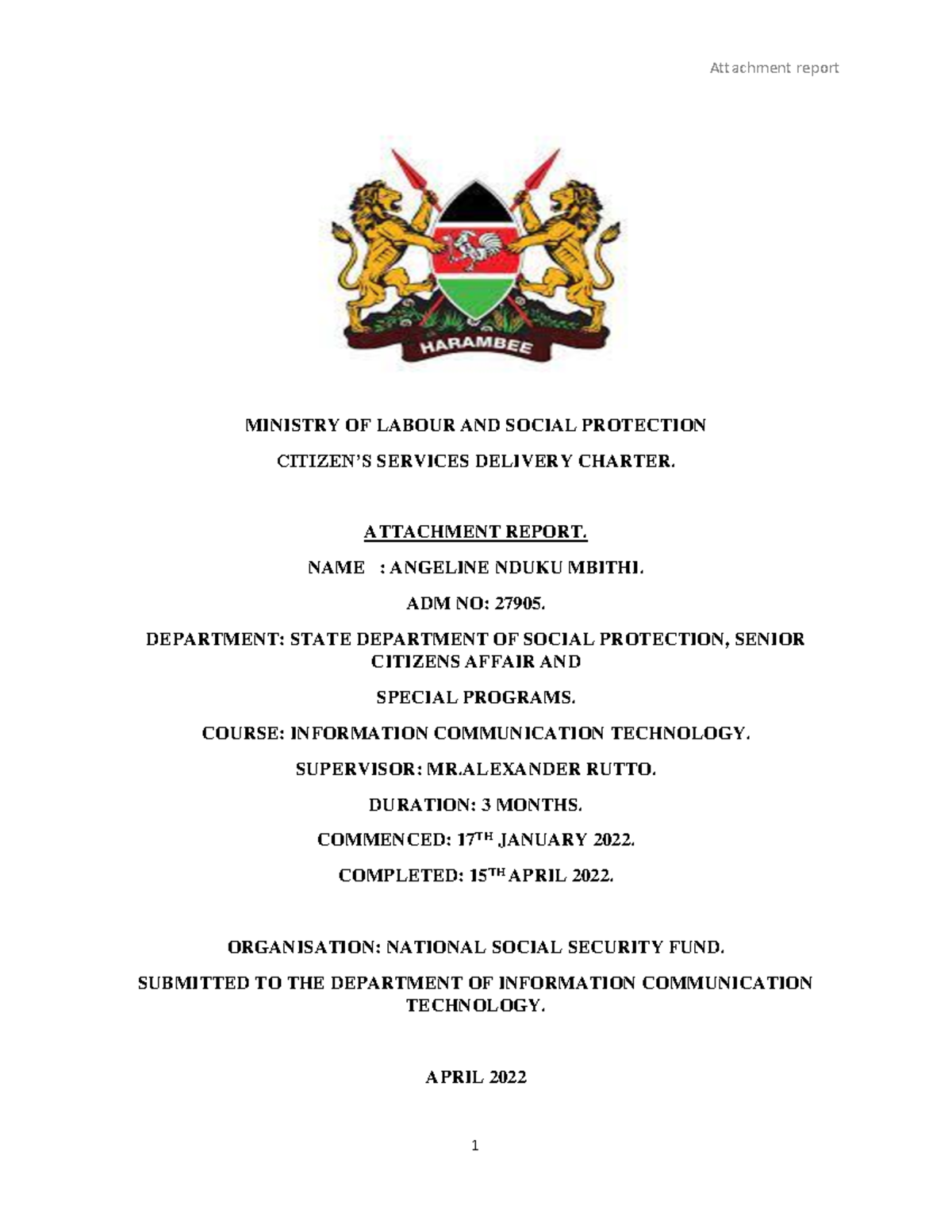 attachment report example - 1 MINISTRY OF LABOUR AND SOCIAL PROTECTION ...