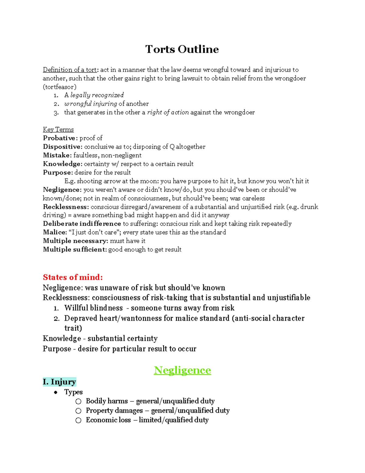 Torts outline - Torts Outline Definition of a tort: act in a manner ...