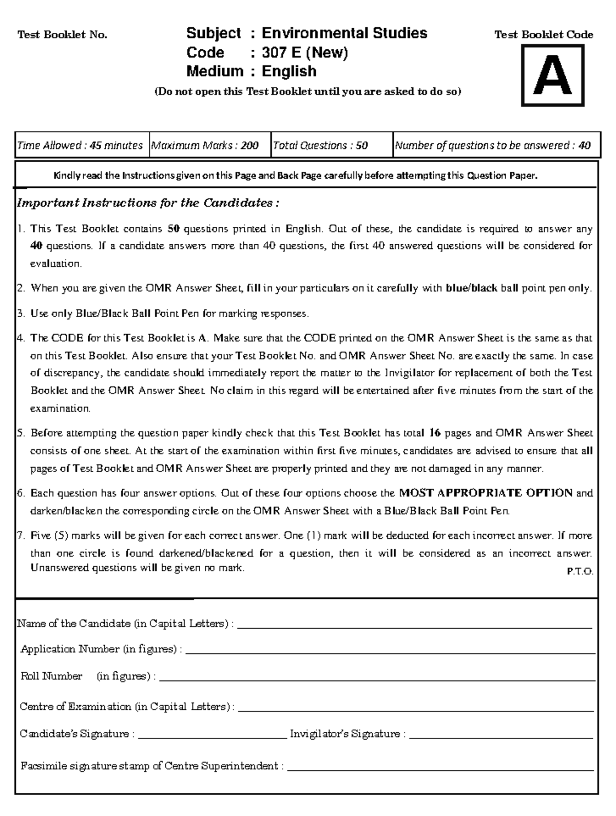 CUET UG 2024 Environmental Studies Question Paper 307 E SET A ...